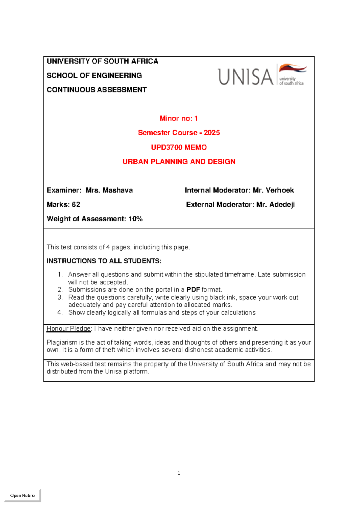 UPD3700 Minor Test 1 Memo: Urban Planning & Design Assessment 2025 ...