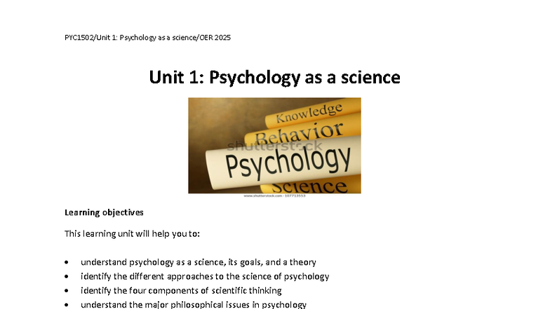 Unit 1: Psychology as a Science - Learning Objectives and Key Concepts ...