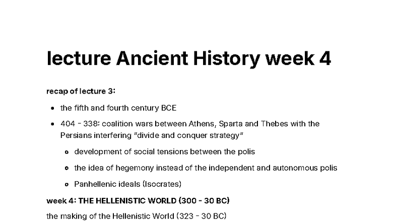 Ancient History Lecture 4: The Hellenistic World (300-30 BC) Recap ...