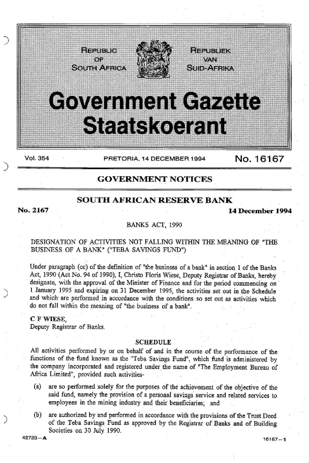 ZA Gov Gazette: Banks Act Notices and Designations, 14 Dec 1994 - Studocu