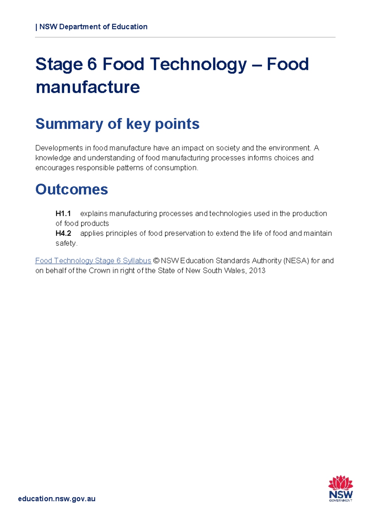 NSW Food Technology Stage 6: Key Points on Food Manufacture - Studocu