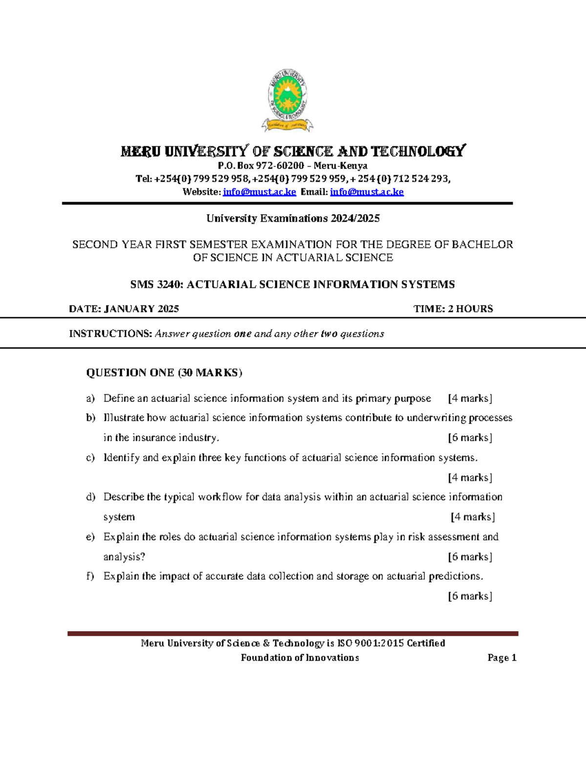 SMS 3240: Final Exam on Actuarial Science Information Systems - Studocu