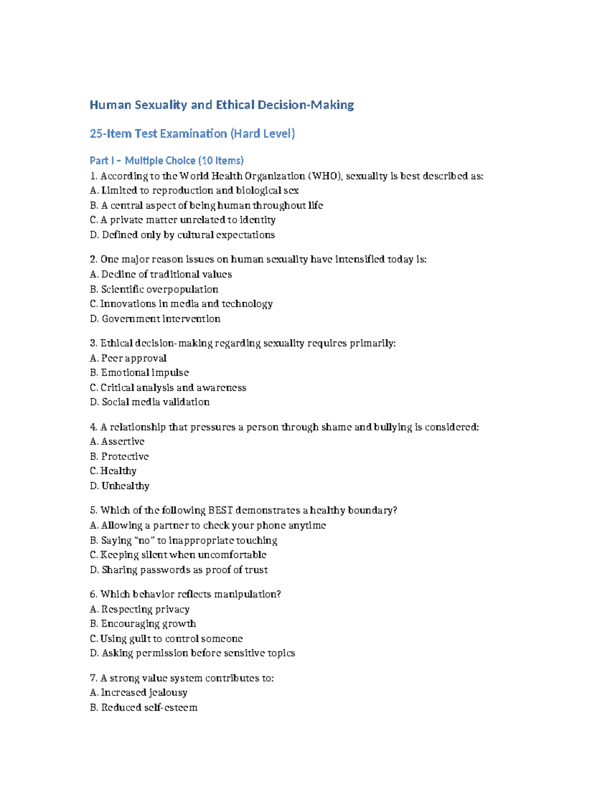 Human Sexuality Exam (Hard Level) - 25 Item Test - Studocu