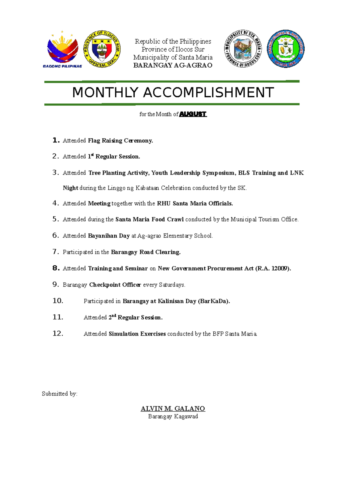 Barangay Monthly Accomplishment Report - August 2023 - Studocu