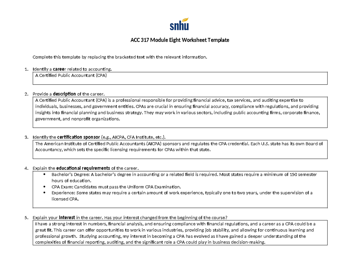 ACC 317 Module Eight Career Research Worksheet - Studocu