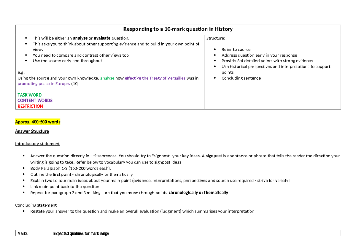 History Essay Writing Guide: Responding to a 10 Mark Question - Studocu