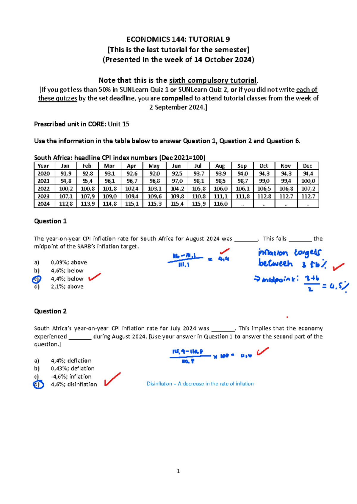 Tutorial 9 questions - ECONOMICS 144: TUTORIAL 9 [This is the last ...