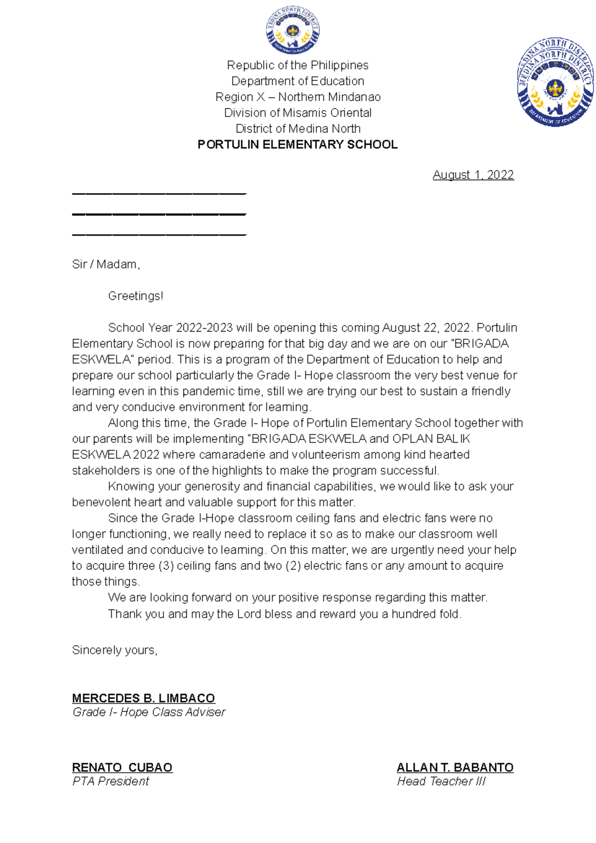 Solicitation Letter for Support - Grade I Hope Class - Studocu