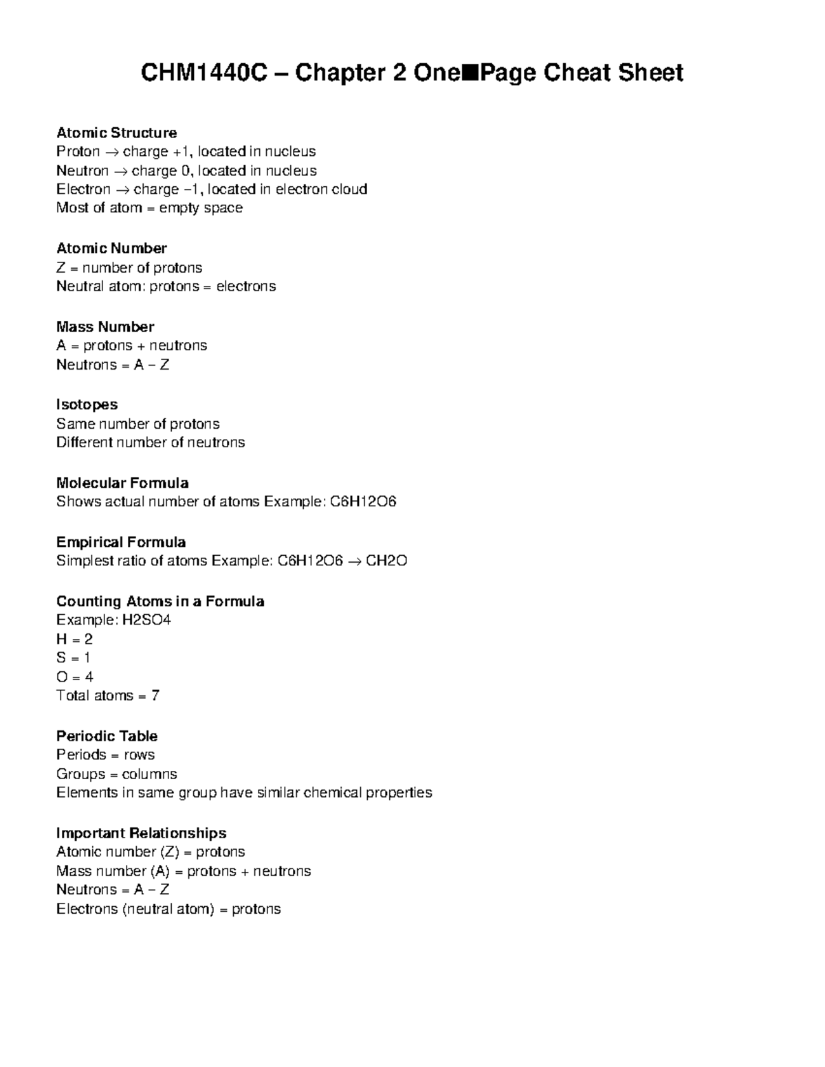 CHM1440C Chapter 2 Atomic Structure Cheat Sheet - Studocu
