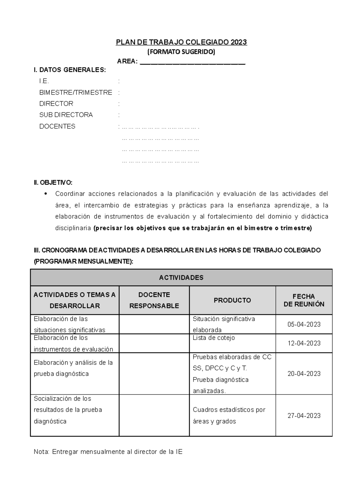Plan de Trabajo Colegiado 2023: Formato Sugerido y Cronograma - Studocu