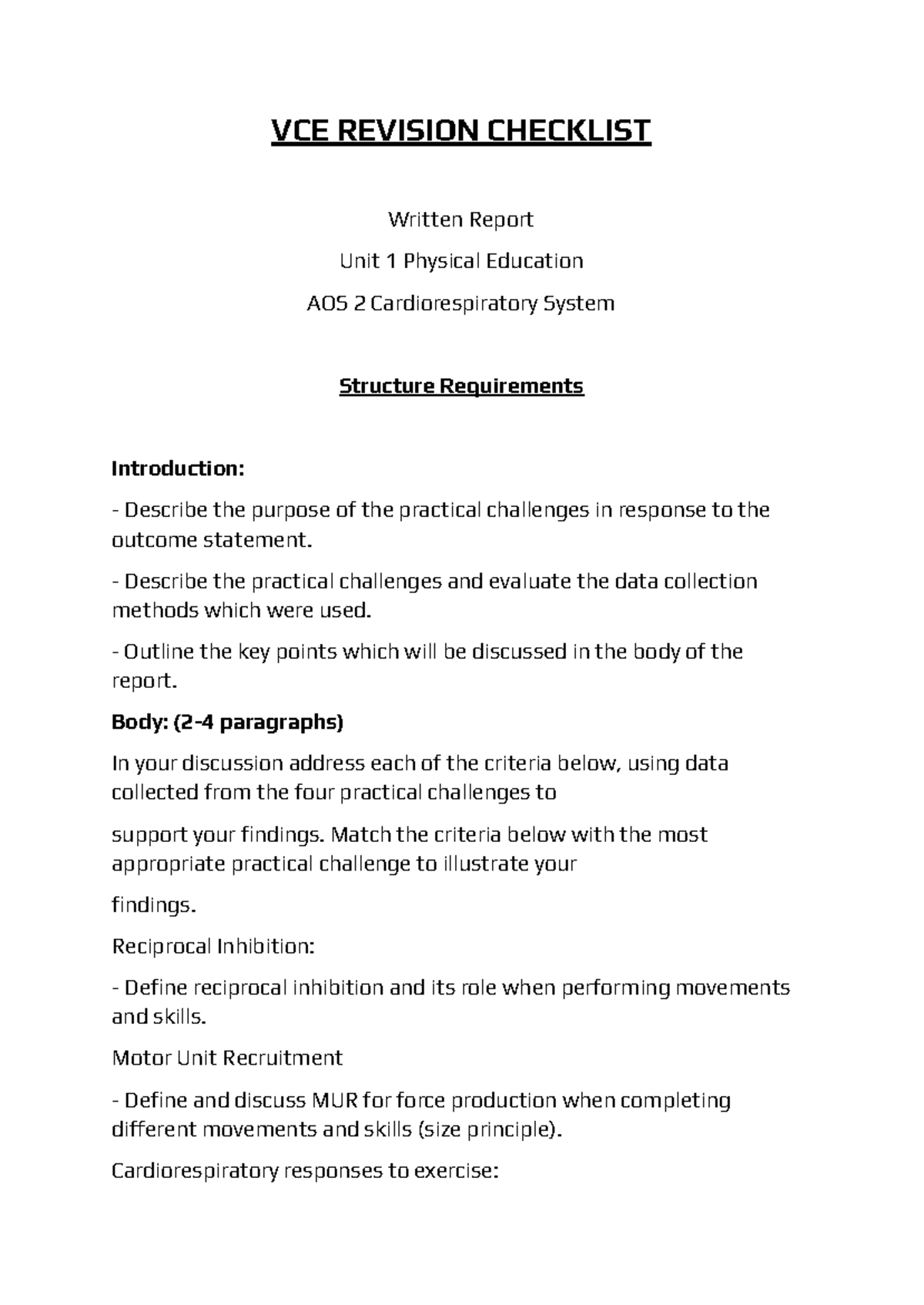 U1AOS2 - Cardiorespiratory System Revision Checklist Report - Studocu