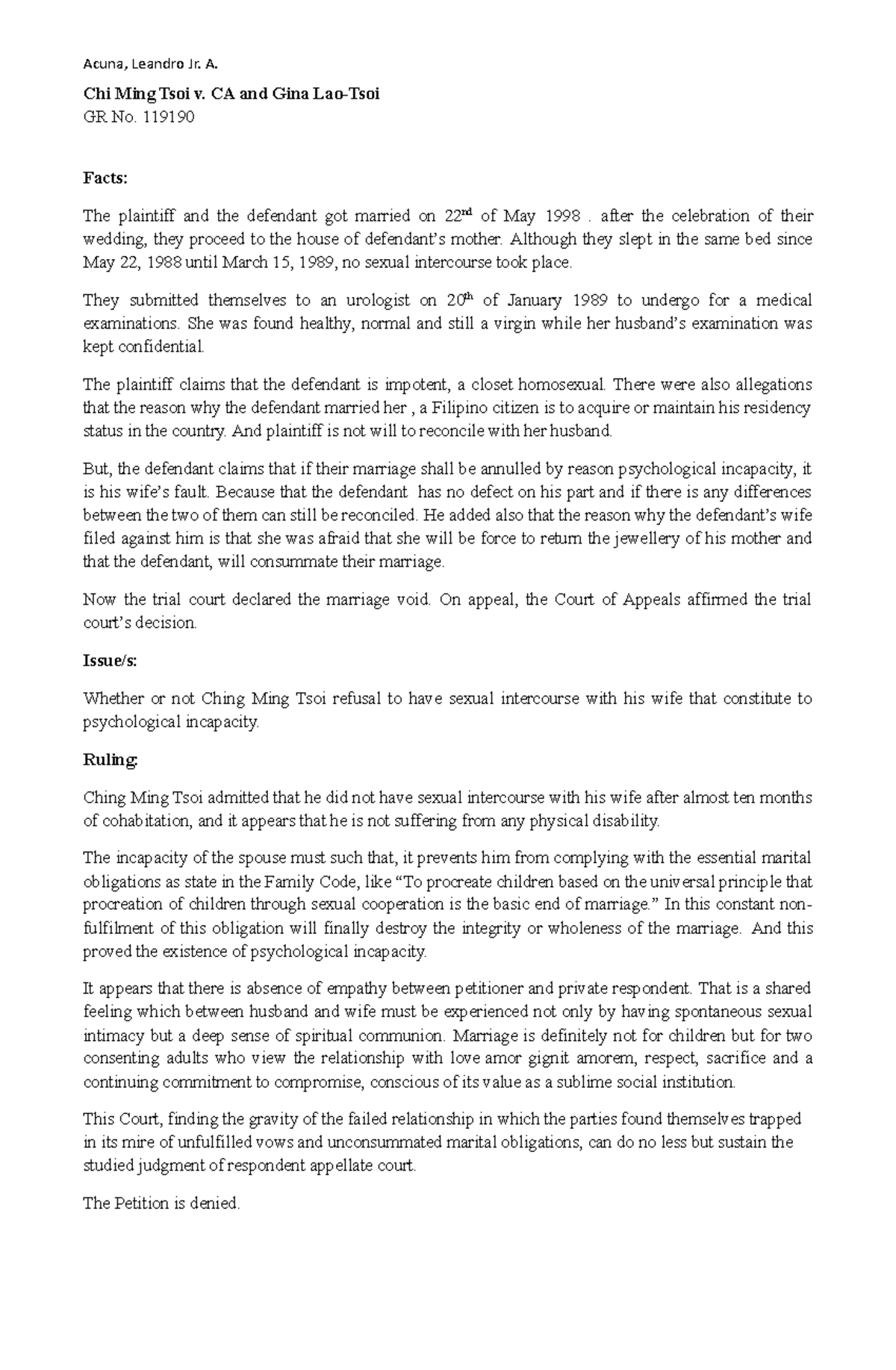 Chi Ming Tsoi v. CA & Gina Lao-Tsoi: Case Summary & Ruling Analysis ...