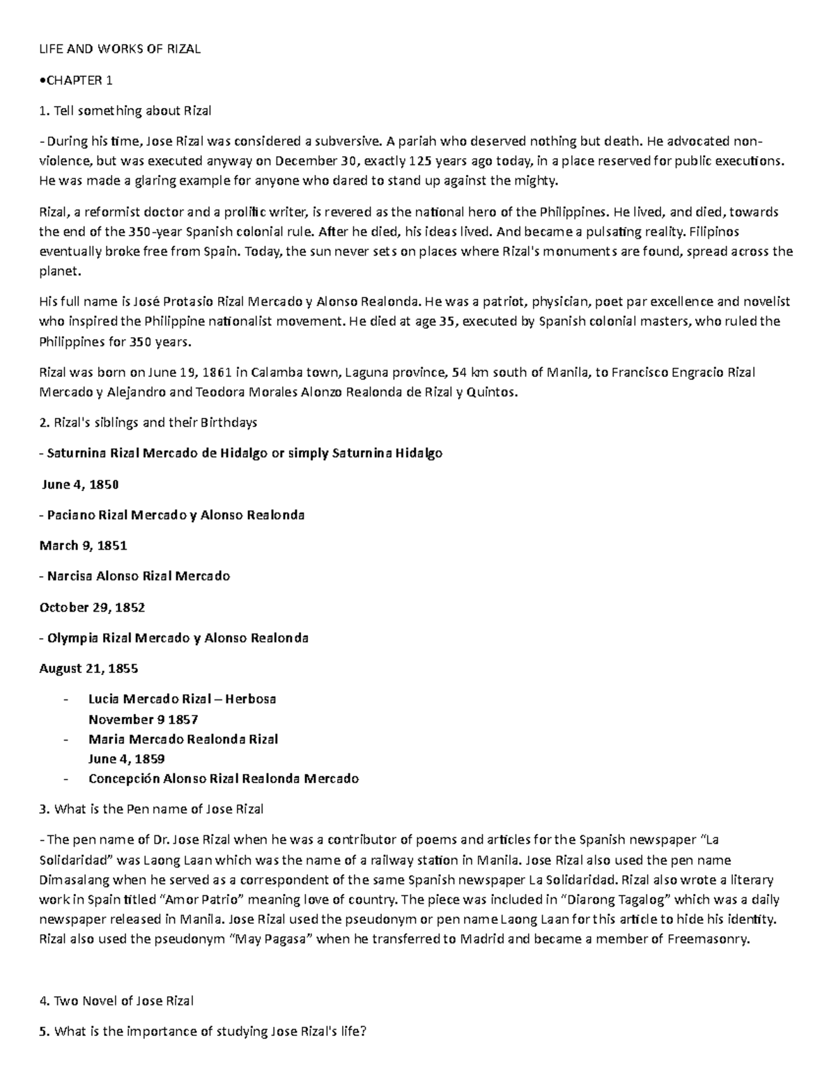 LIFE AND Works OF Rizal - question and answer - LIFE AND WORKS OF RIZAL ...