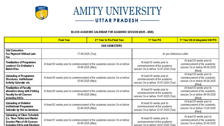 BLOCK ACADEMIC CALENDAR 2025-2026: ODD SEMESTER SCHEDULE - Studocu