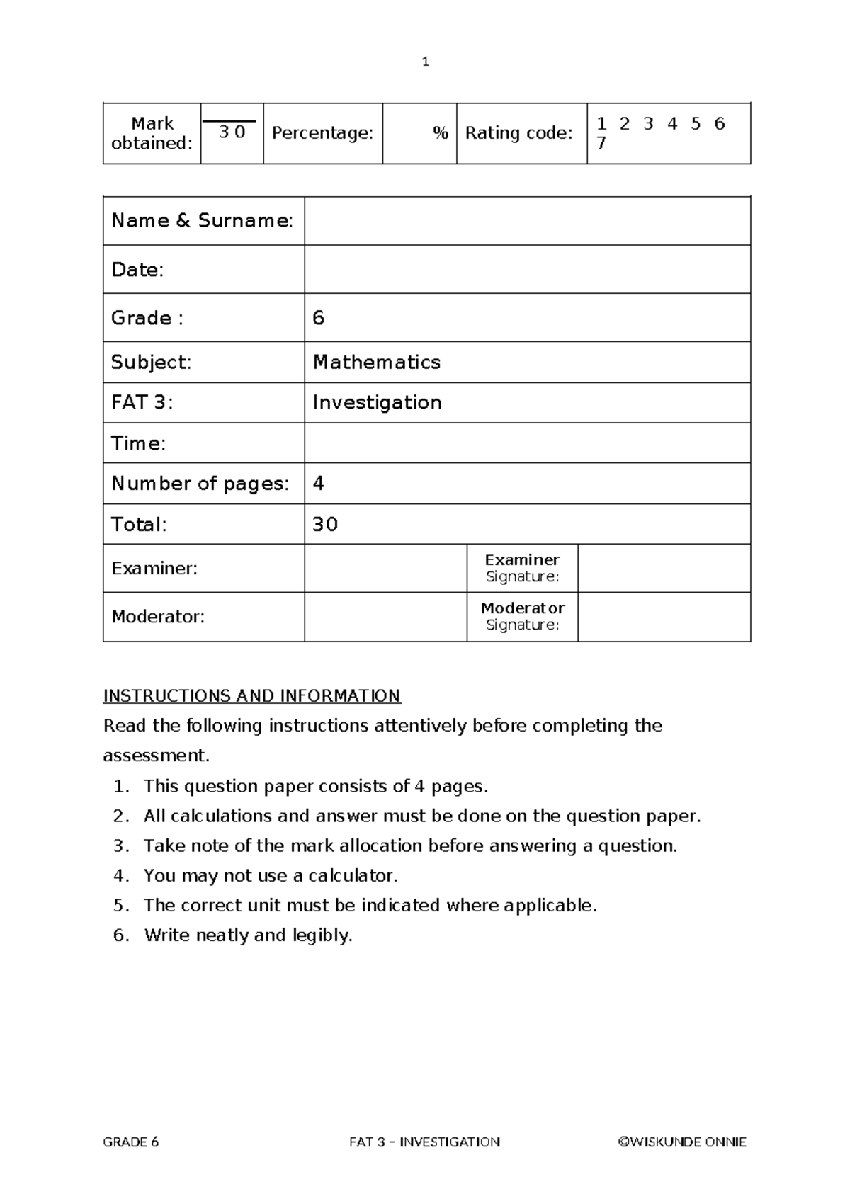 Grade 6 FAT 3 Investigation: Mathematics Assessment Guide - Studocu