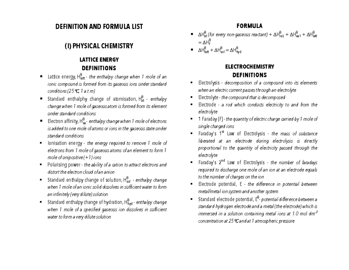 CIE A-Level Chemistry 9701 - Definitions and Formula List - Studocu