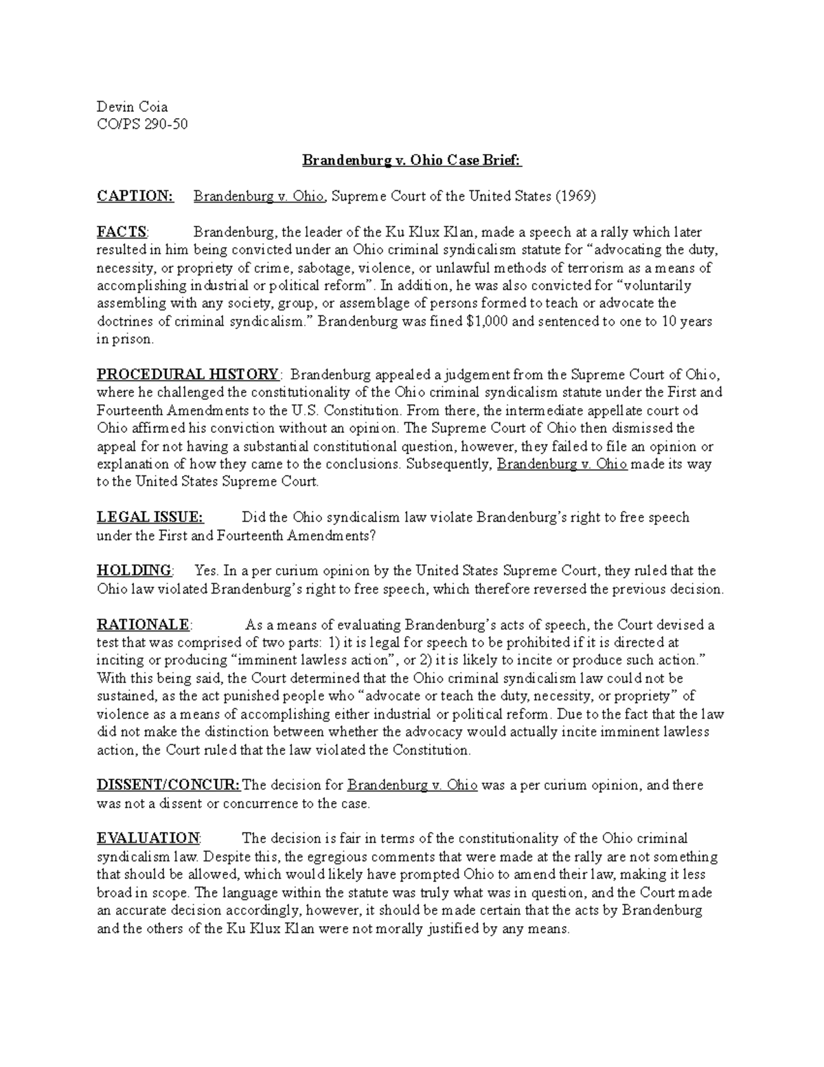 Brandenburg v. Ohio Case Brief - Devin Coia CO/PS 290- Brandenburg v ...