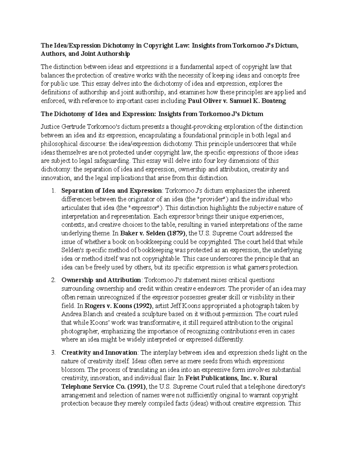 Copyright Law: The Dichotomy of Idea and Expression Insights - Studocu