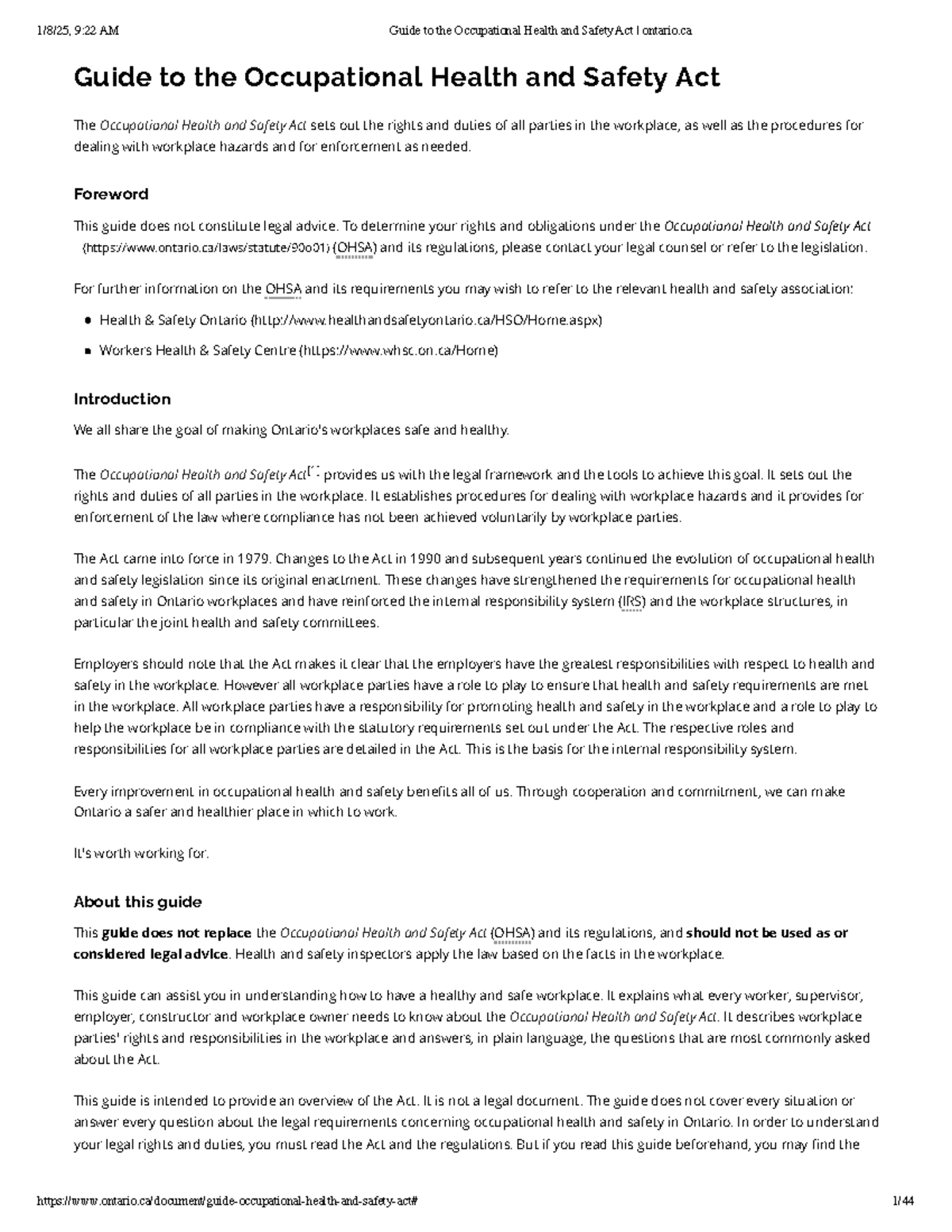 Guide to the Occupational Health and Safety Act (OHSA) in Ontario - Studocu