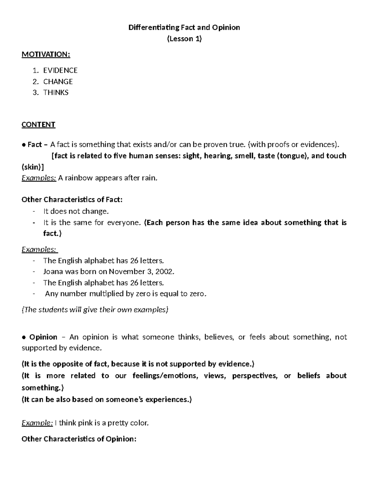 ( Content) Differentiating Fact and Opinion - Differentiating Fact and ...