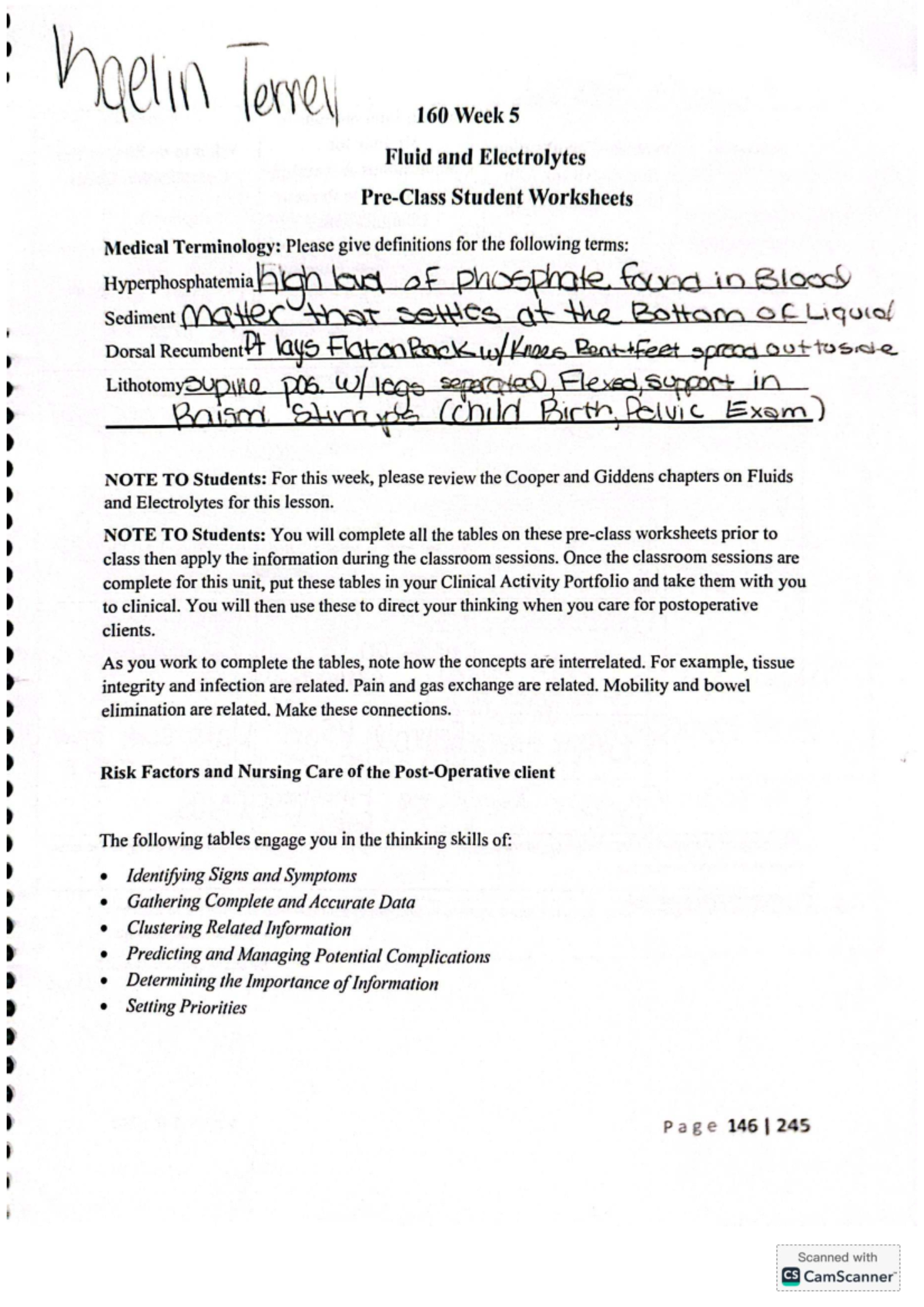 NUR 160 Week 5 Fluid and Electrolytes Student Worksheets and Nursing ...
