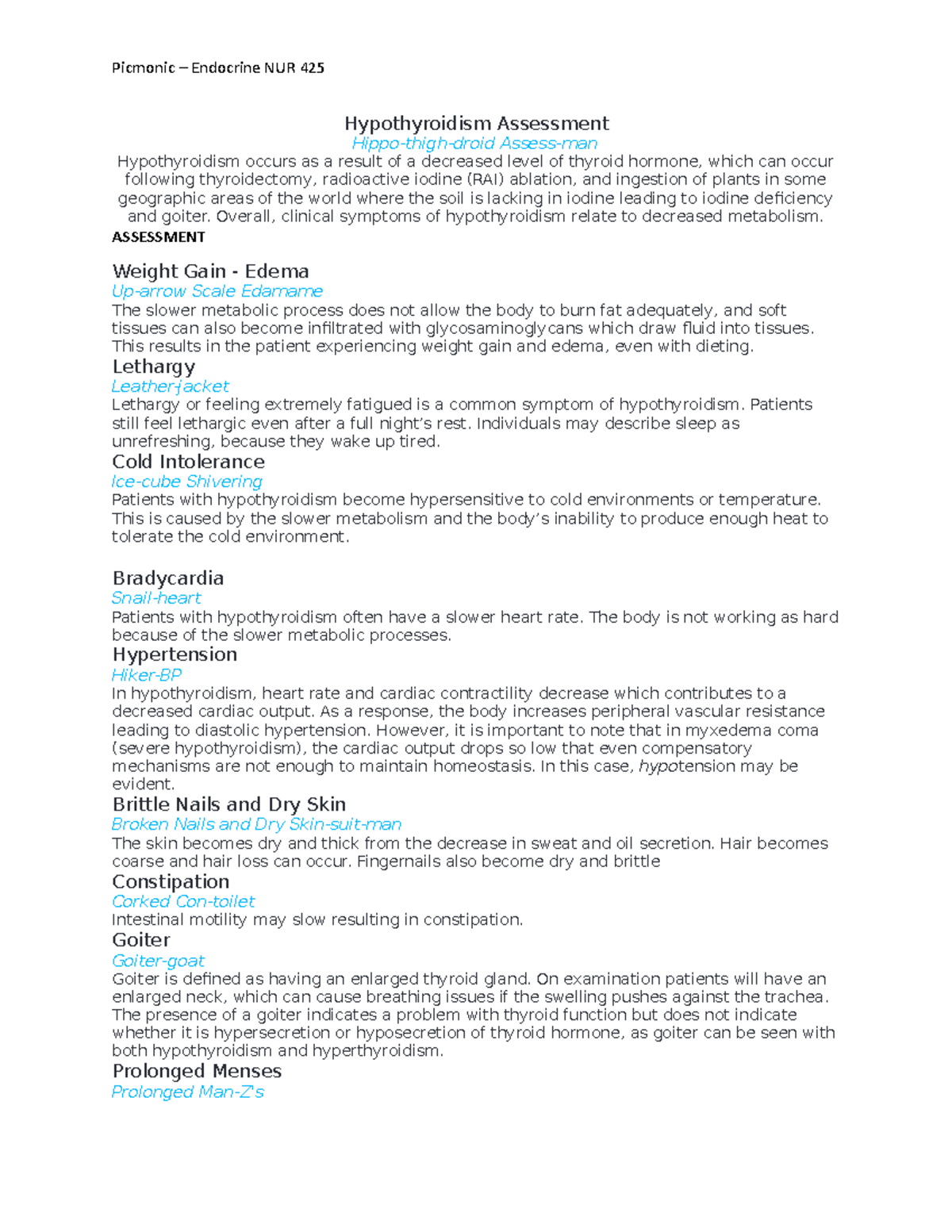 Hypothyroidism Assessment and Interventions - NUR 425 Guide - Studocu