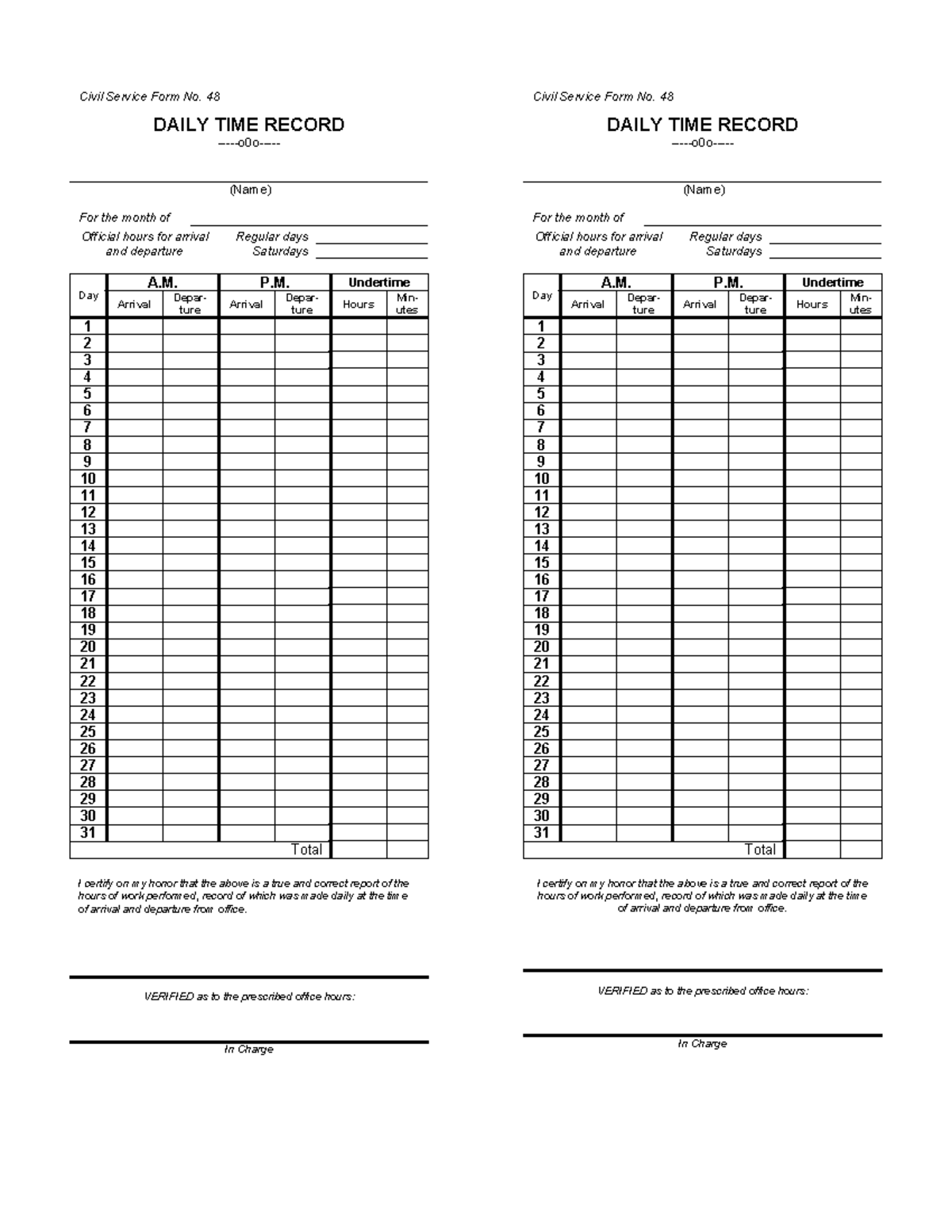 DTR-48 - Daily Time Record Form for Monthly Attendance - Studocu