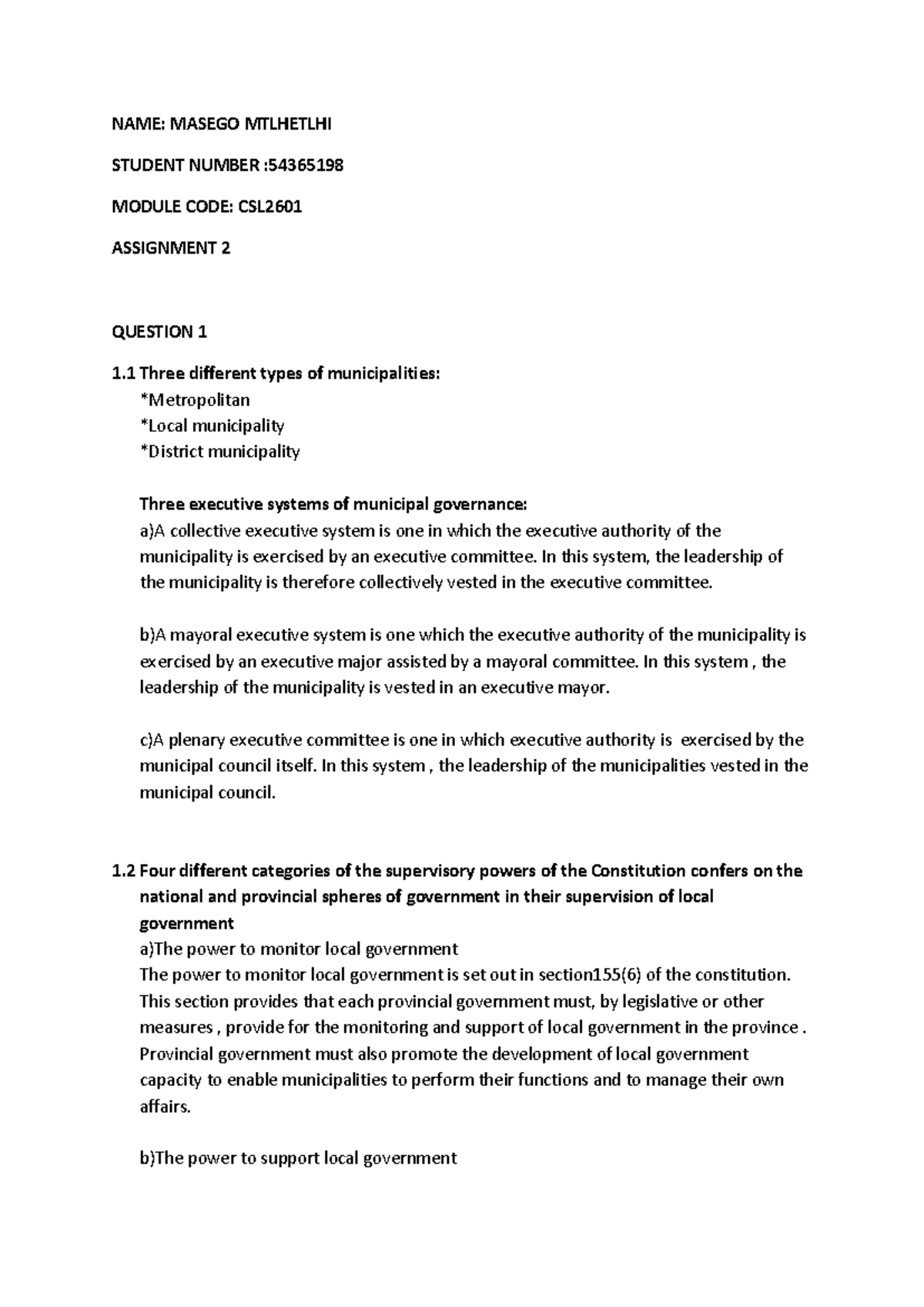 CSL2601 Assignment 2: Municipal Governance and Constitutional Powers ...