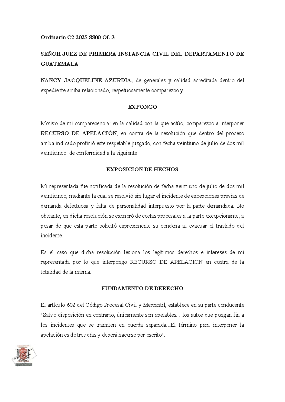 Recurso de Apelación en Juicio Ordinario - Clínica Civil II - Studocu