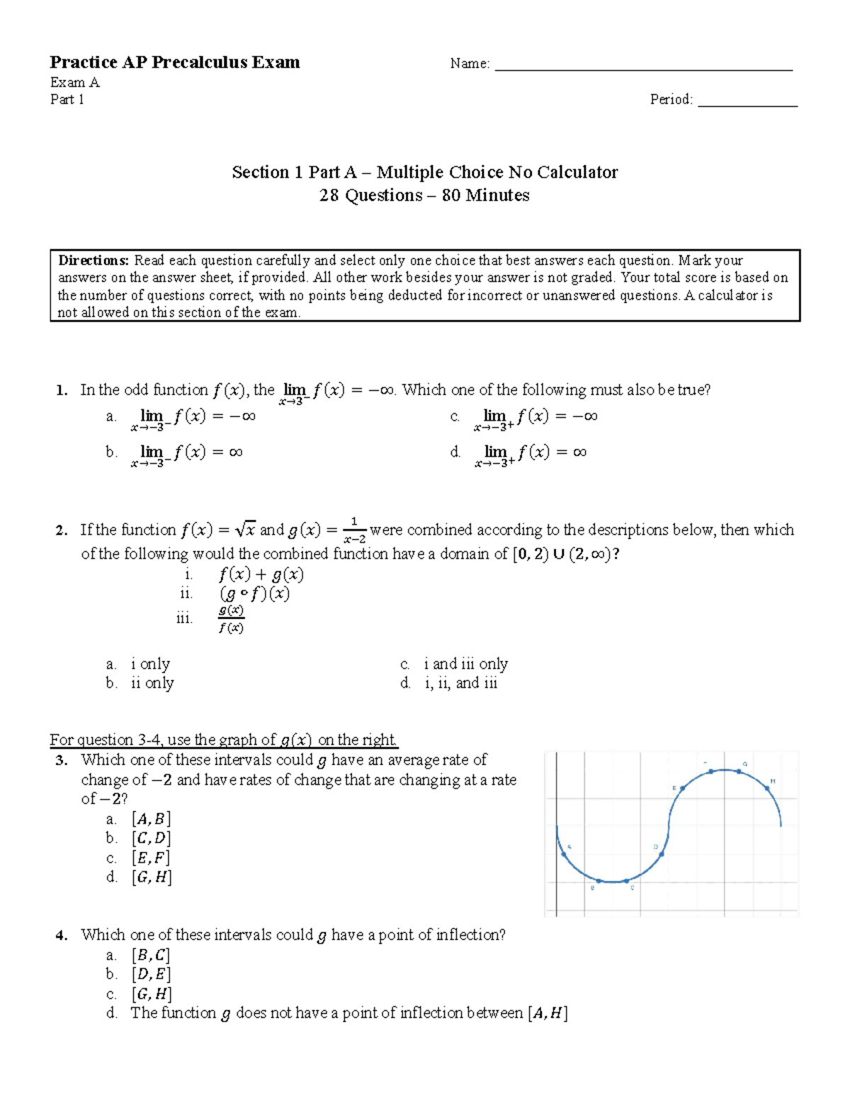 AP Precalculus practice exam: Exam A multiple choice and free response ...