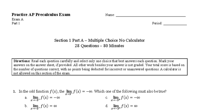AP Precalculus practice exam: Exam A multiple choice and free response ...