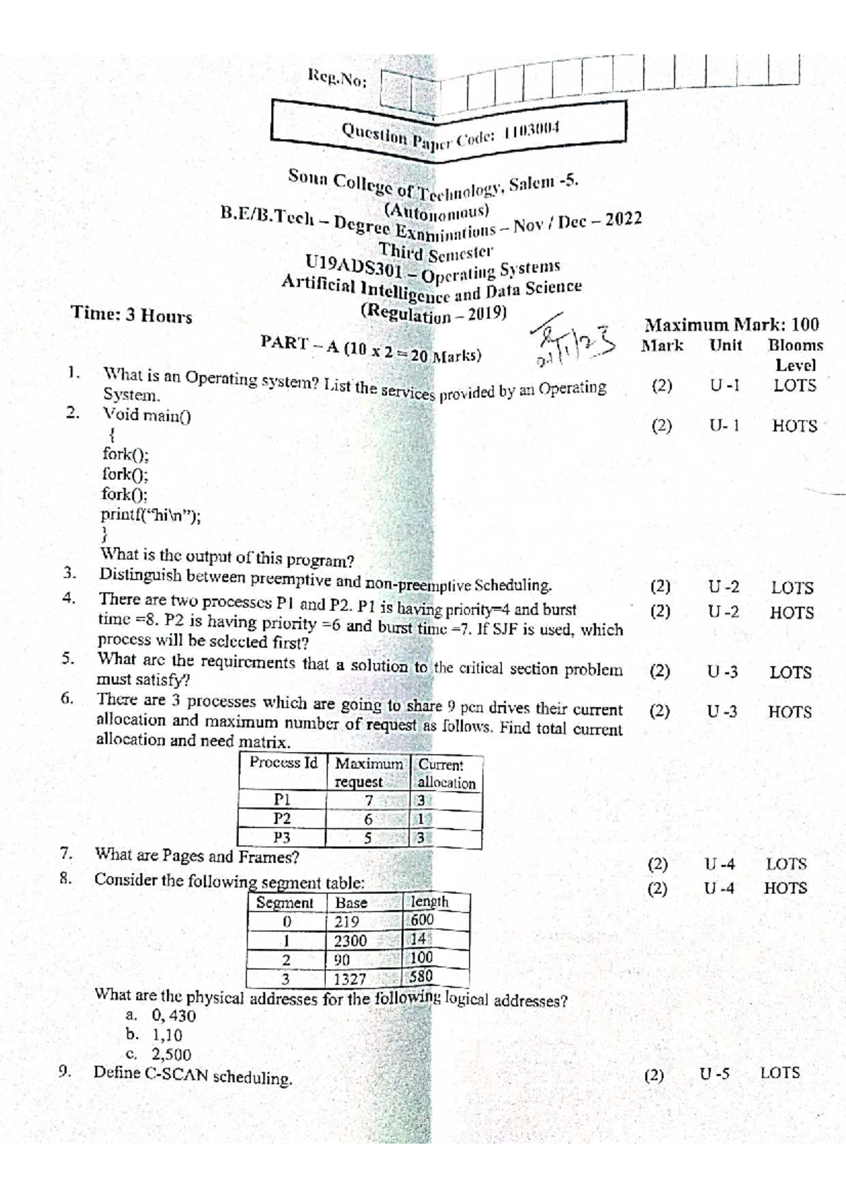 U19ADS301 Operating Systems Previous Year Question Papers (Nov-Dec 2022 ...
