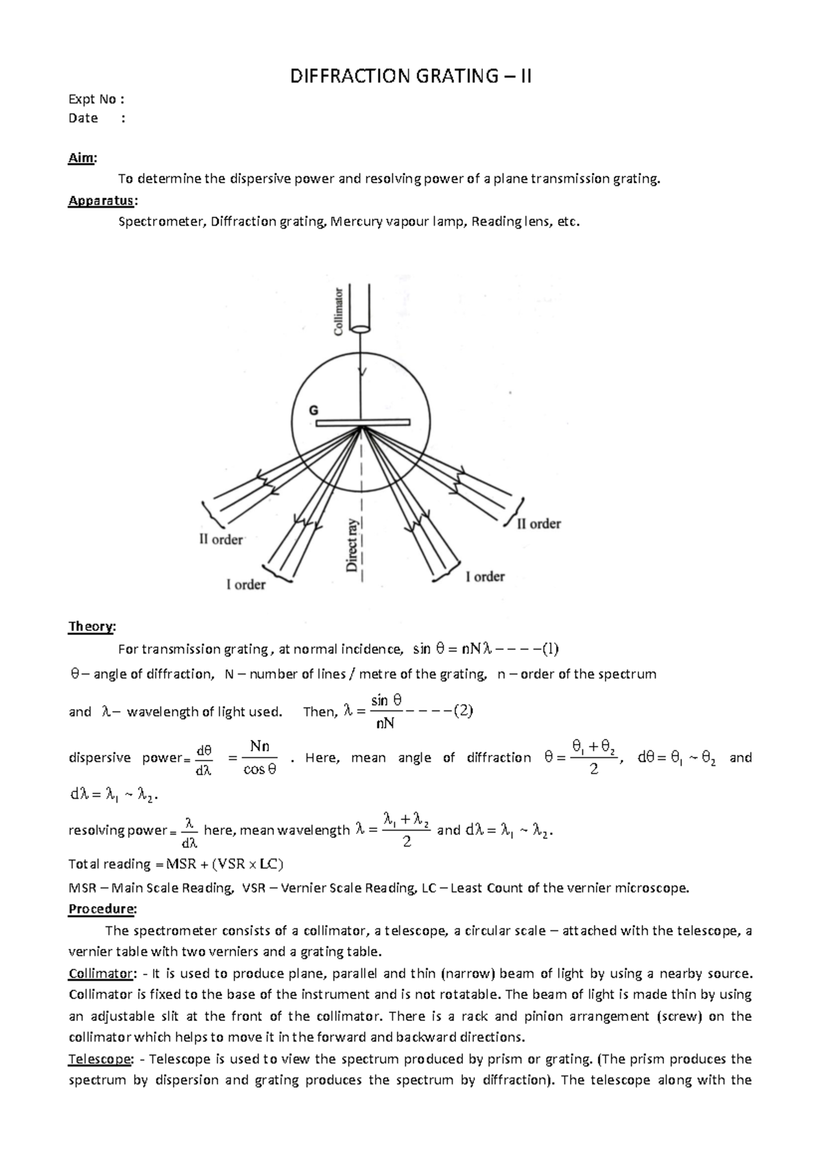 Grating -II - Physics helpful lab notes - DIFFRACTION GRATING – II Expt ...