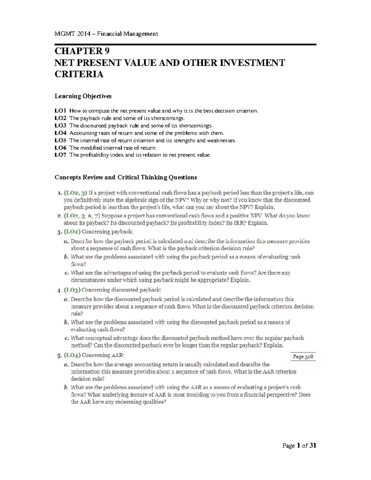FM - CH9 exercise - CHAPTER 9 NET PRESENT VALUE AND OTHER INVESTMENT CRITERIA Learning ...