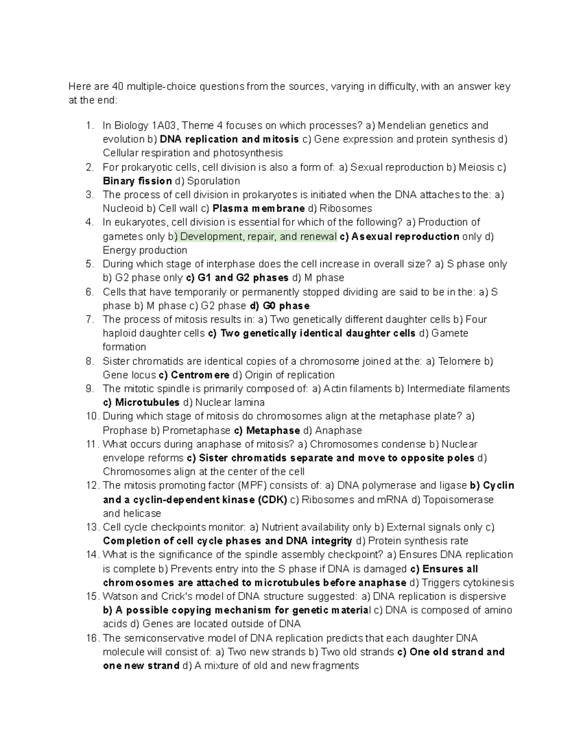 Bio 1A03 Practice Questions and Answer Key for Exam Preparation - Studocu