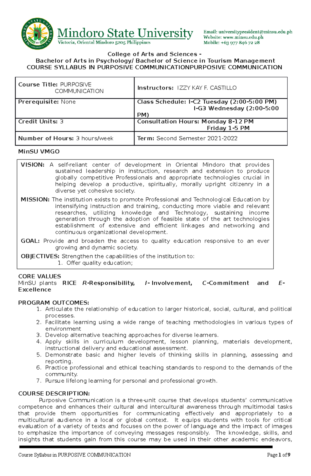 Syllabus for Purposive Communication (PSY 20 21) - 2nd Sem 2021 - Studocu