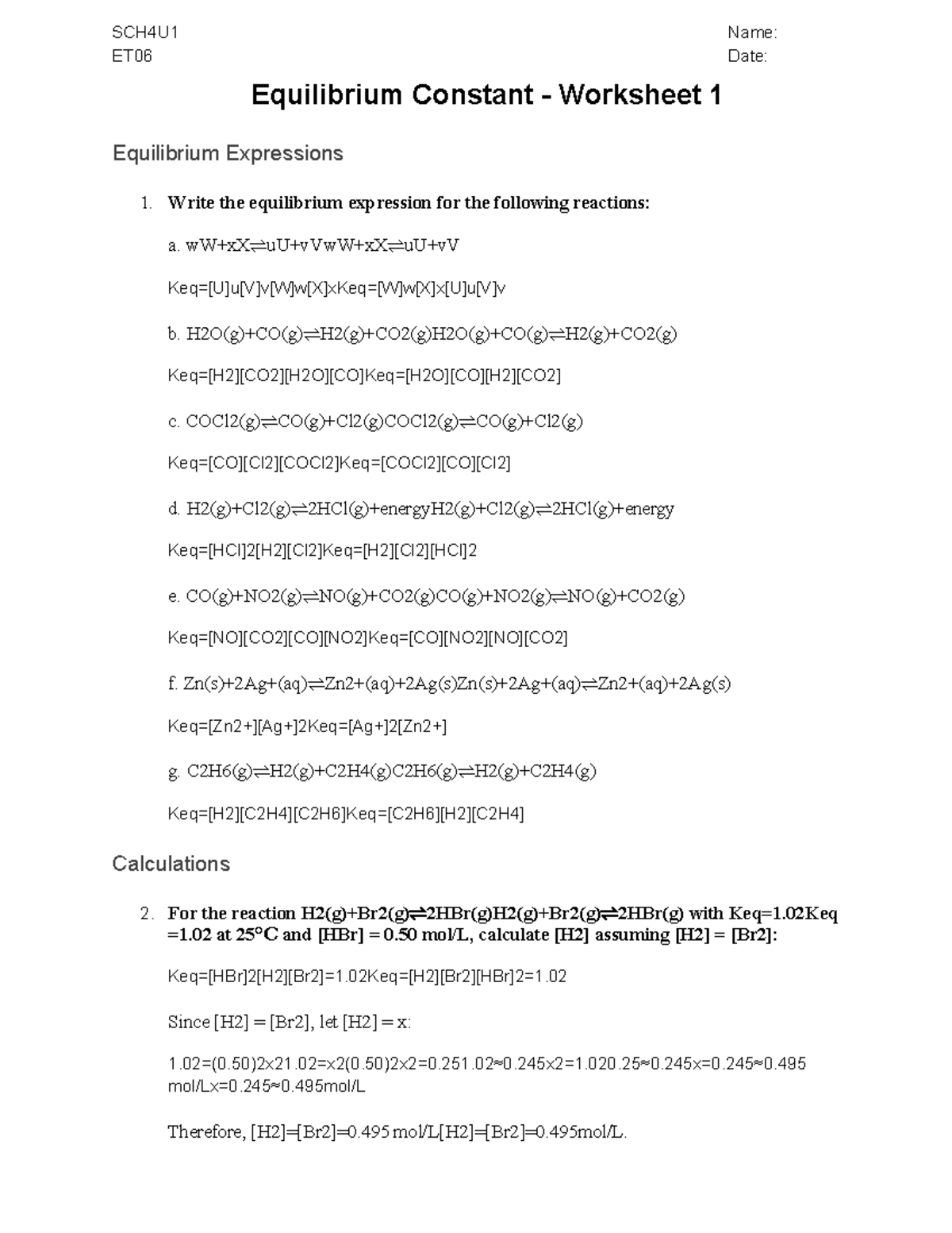 SCH4U1 Equilibrium Constant Worksheet 1 - Key Concepts & Problems - Studocu
