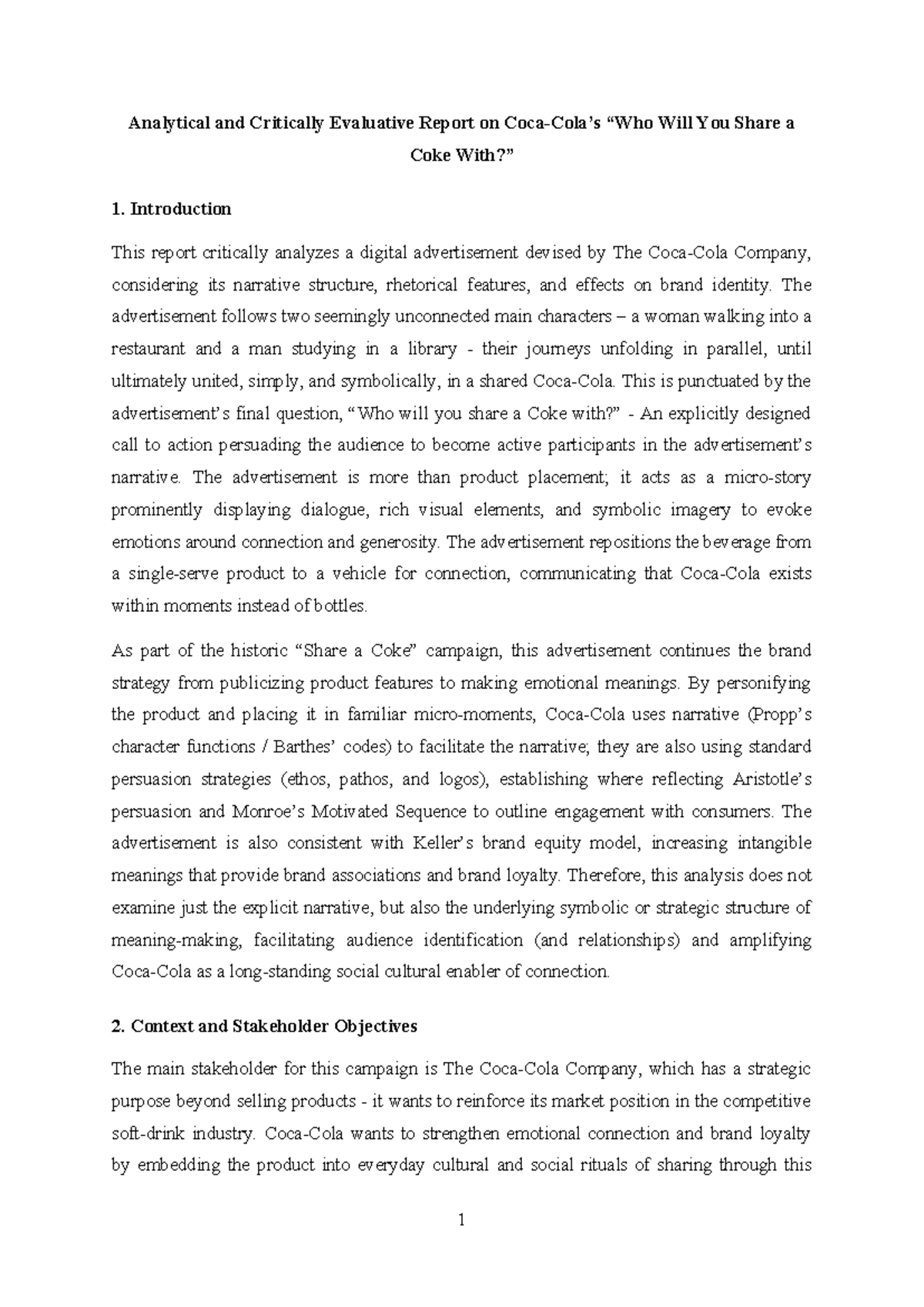 Analytical Report on "Will You Share a Coke?" - Ad Evaluation - Studocu