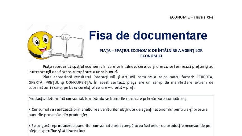 ECONOMIE clasa a Fisa de documentare: Piaţa Economică şi Funcţiile Sale ...