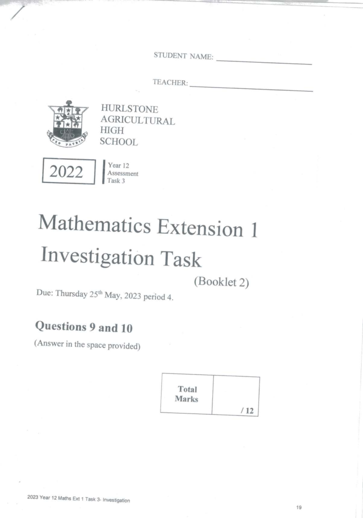 Year 12 Mathematics Extension 1 Investigation Task 3 Booklet 2 - Studocu