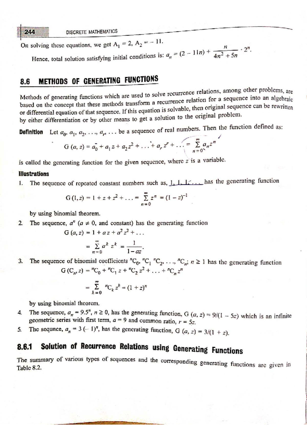 244 DISCRETE MATHEMATICS: Generating Functions and Recurrence Relations ...