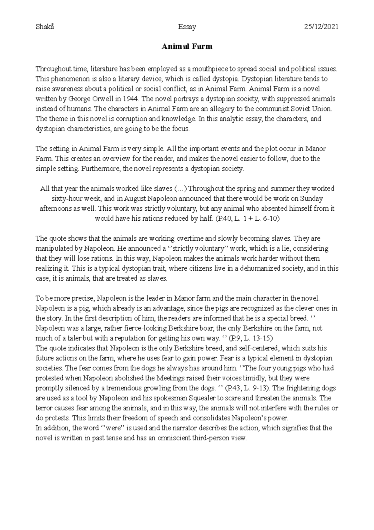 Animal Farm, Written assignment - Shakå Essay 25/12/ Animal Farm ...
