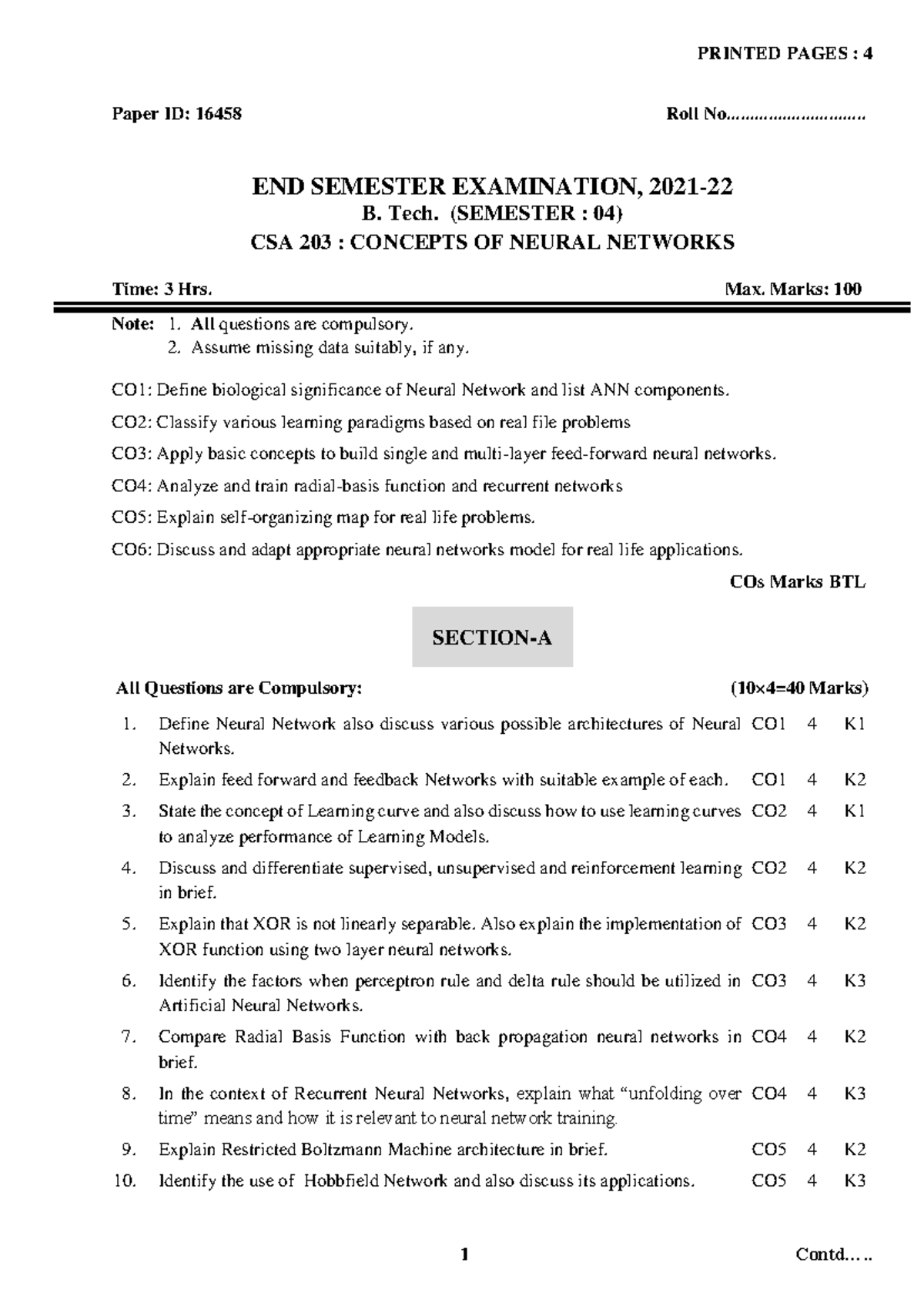 Final Exam Study Guide: Concepts of Neural Networks (CSA 203) - Studocu