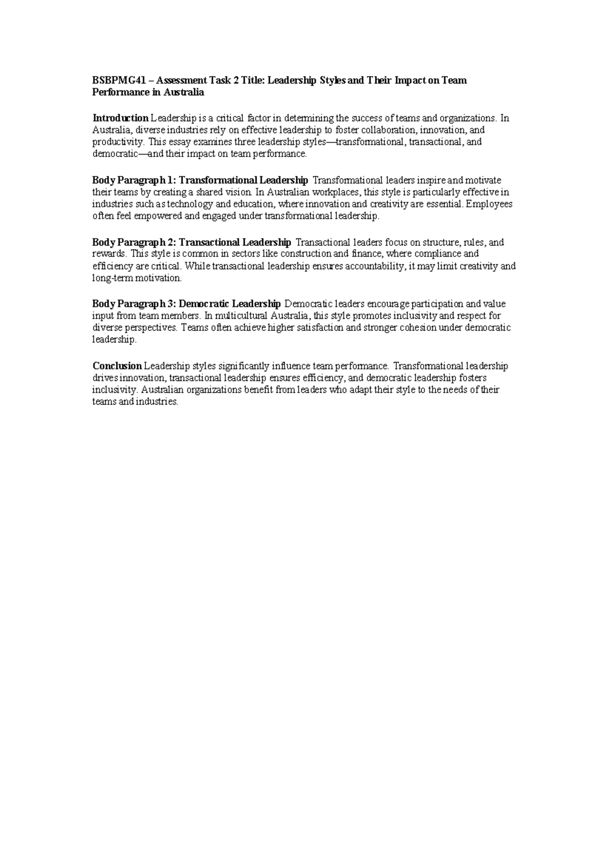 BSBPMG41 Assessment Task 2: Leadership Styles Impact on Team ...