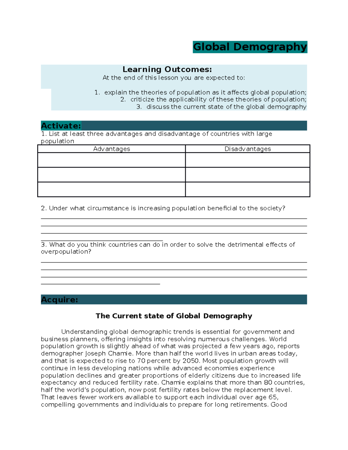 Lesson 10: Understanding Global Demography and Population Trends - Studocu