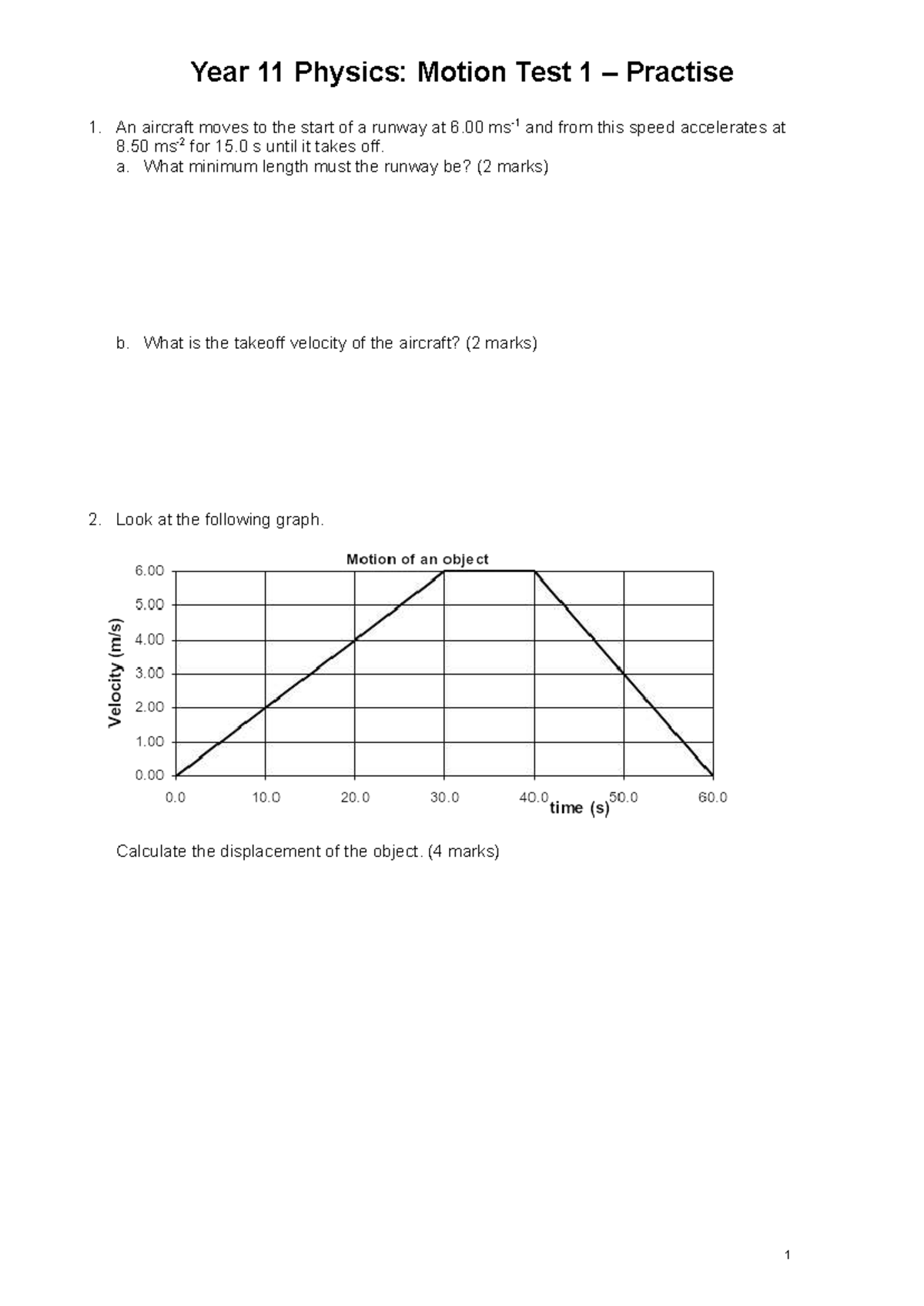 Year 11 Physics: Motion Test 1 Practice Questions - Studocu