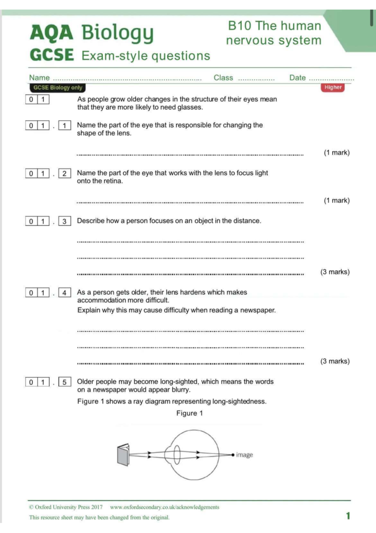 AQA Biology B10 GCSE Higher Exam Questions on the Human Nervous System ...