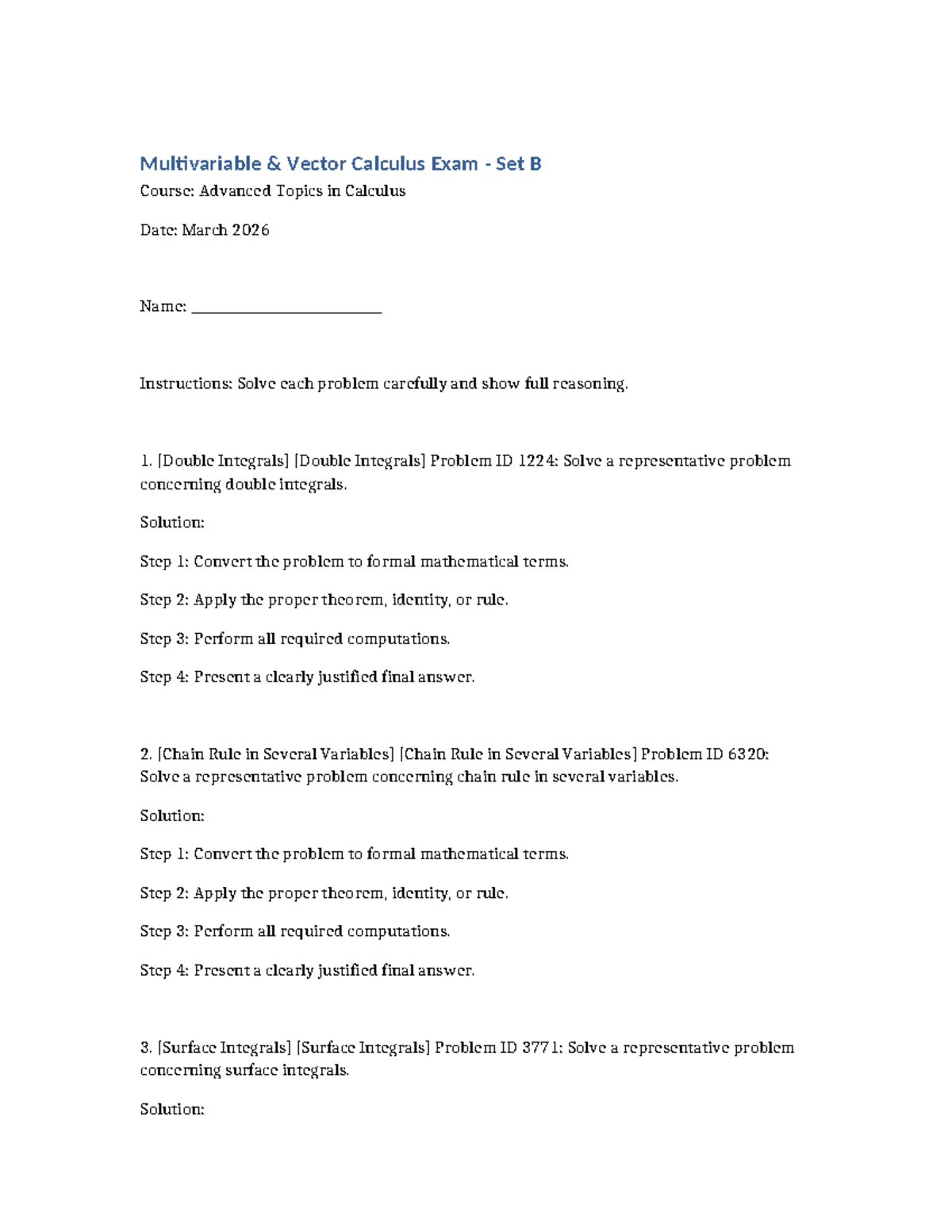 Advanced Topics in Calculus: Multivariable Vector Calculus Exam Set B ...