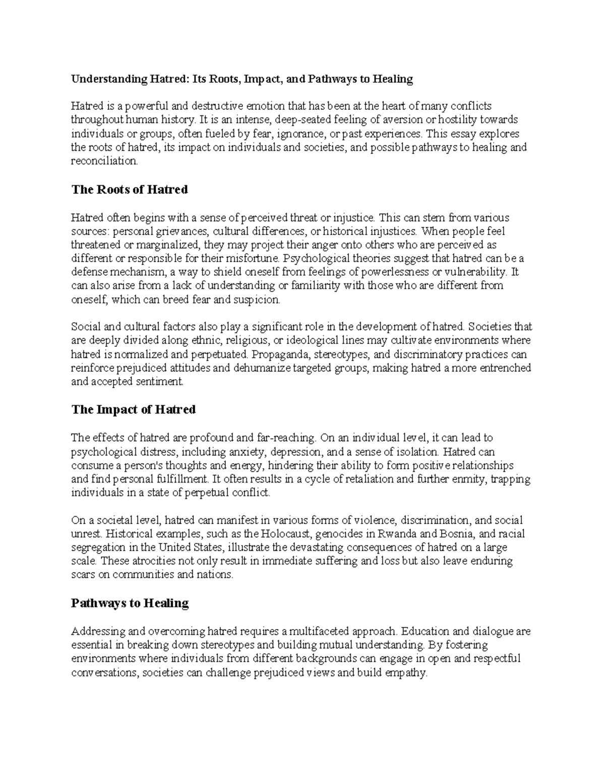 Understanding Hatred: Roots, Impacts, and Healing Pathways in Society - Studocu