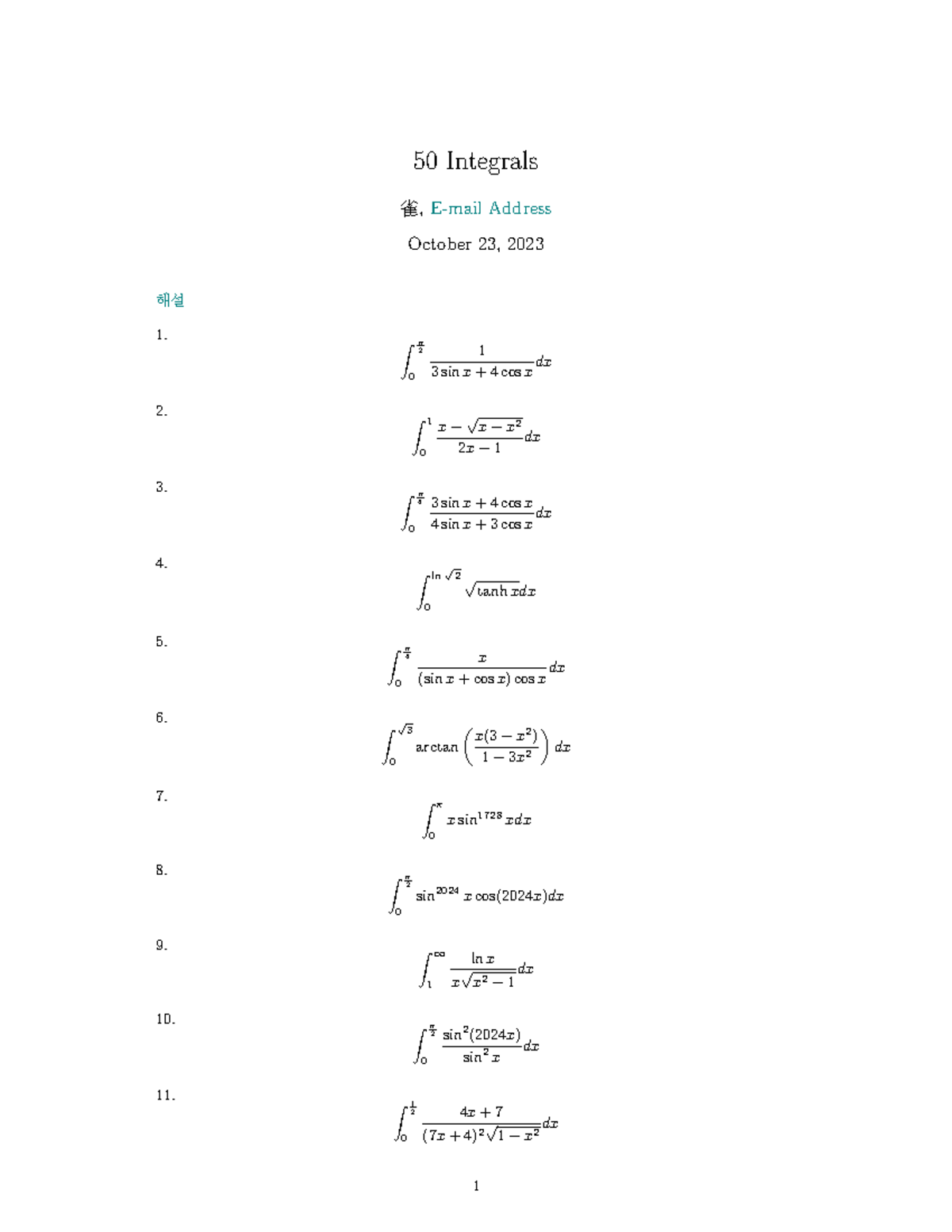 50 Integrals (Problems) for Calculus Course - Studocu